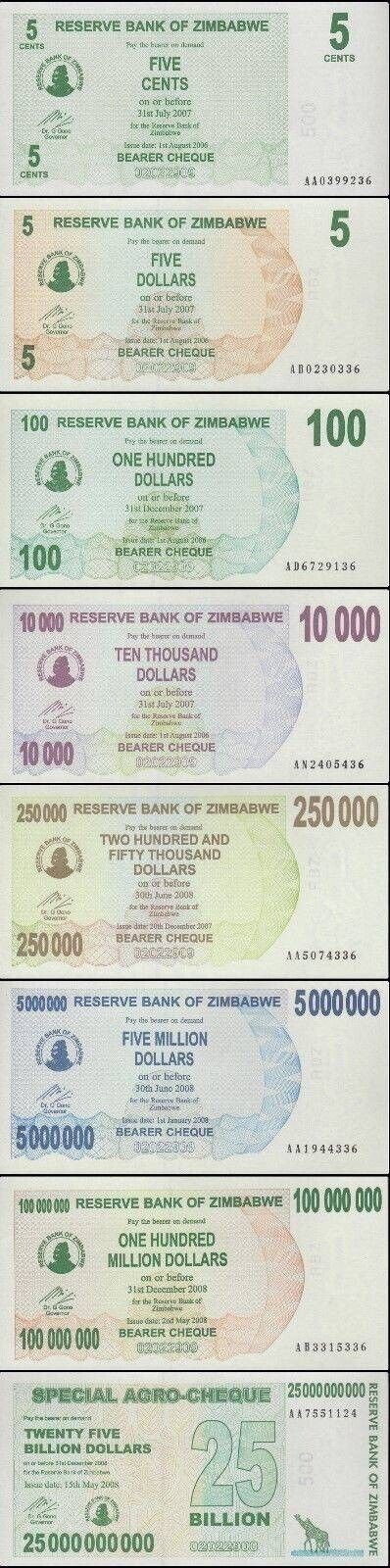 Zimbabwe 1 Cent - 100 Billion Dollars 32 Pieces Full Bearer Cheque Set, 2006-2008, UNC - Trillion