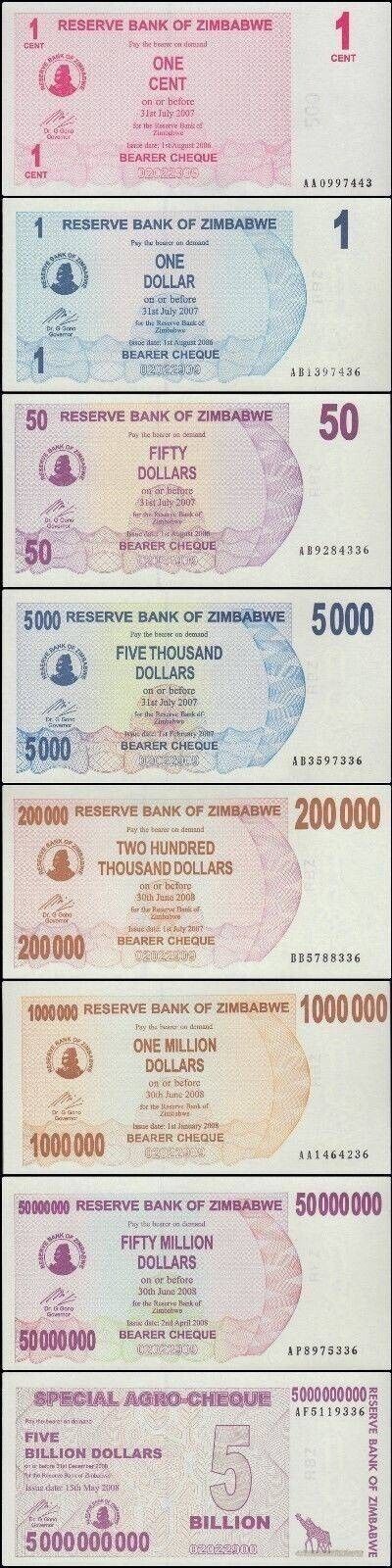 Zimbabwe 1 Cent - 100 Billion Dollars 32 Pieces Full Bearer Cheque Set ...