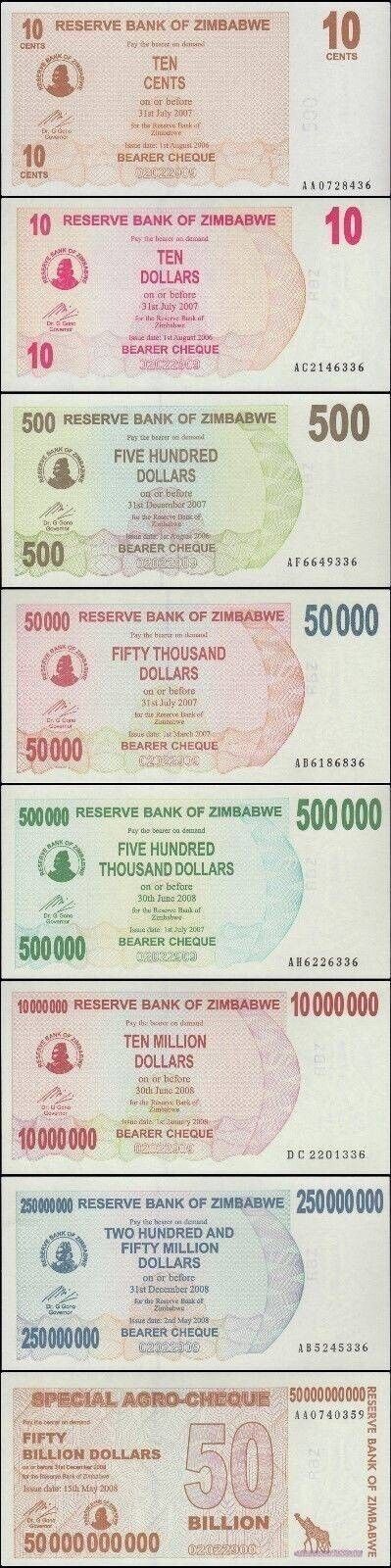 Zimbabwe 1 Cent - 100 Billion Dollars 32 Pieces Full Bearer Cheque Set ...