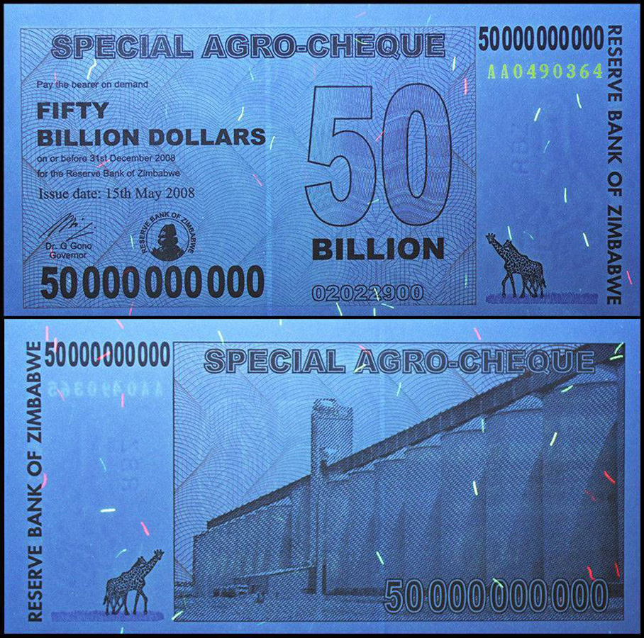 Zimbabwe 50 Billion Dollars Special Agro Cheque, 2008, P-63, Used ...